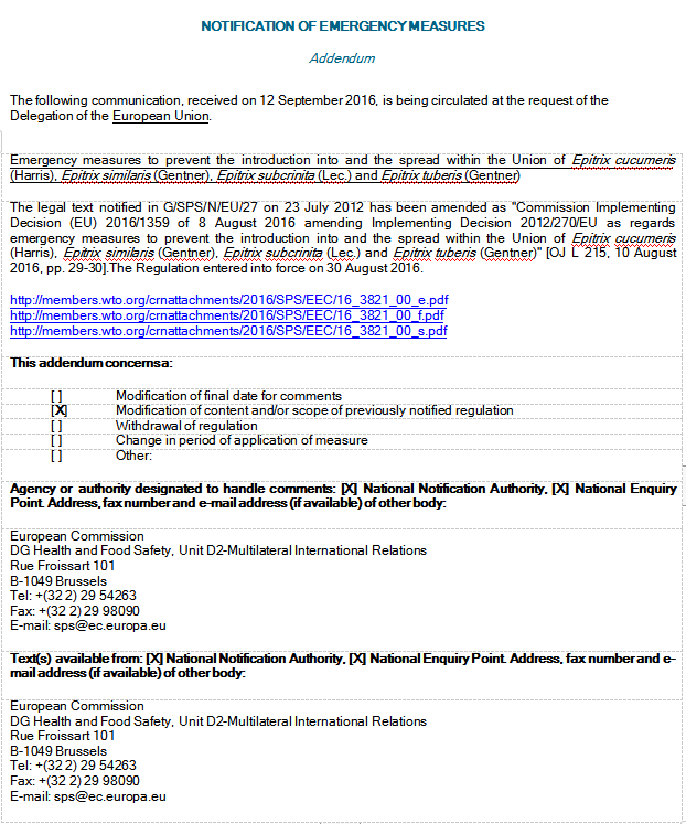 SPS Notification: Commission Implementing Decision (EU) 2016/1359 of 8 ...