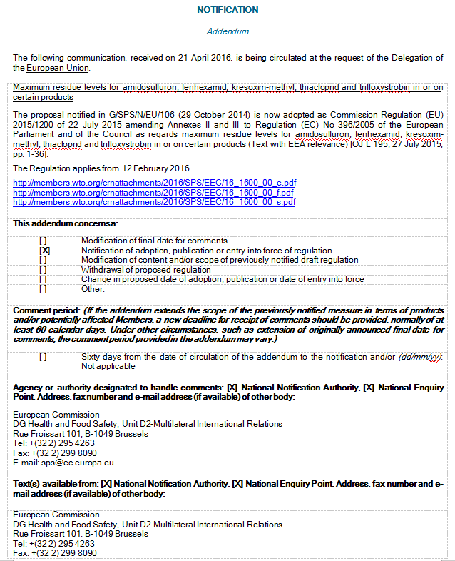 SPS Notification:Maximum residue levels for amidosulfuron, fenhexamid ...