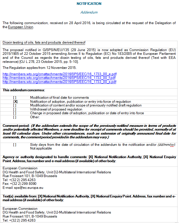 SPS Notification:Commission Regulation (EU) 2015/1905 of 22 October 2015 amending Annex II to ...