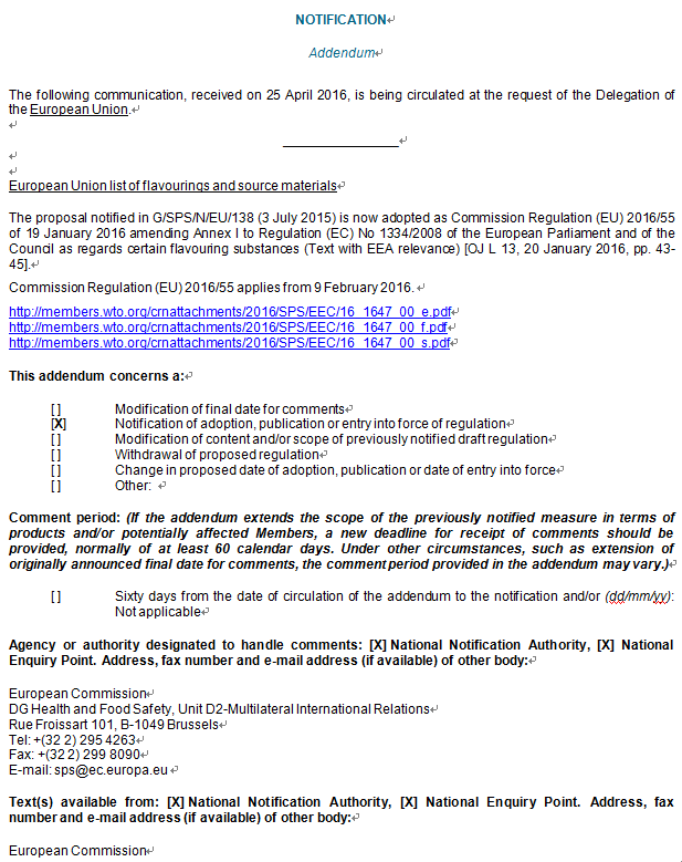 SPS Notification：Commission Regulation (EU) 2016/55 of 19 January 2016 ...