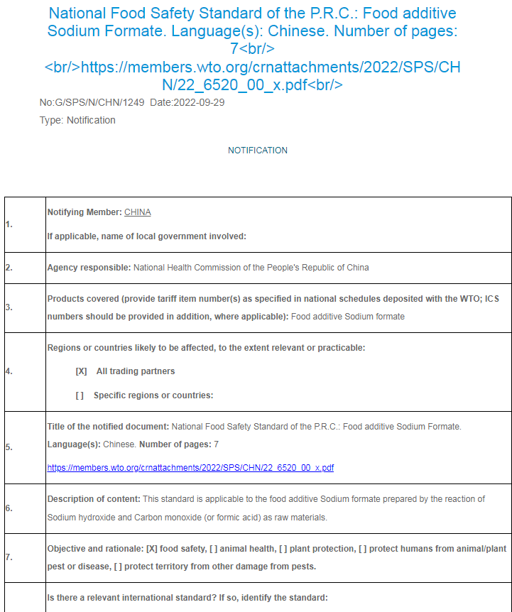 SPS Notification: National Food Safety Standard of the P.R.C.: Sordium ...