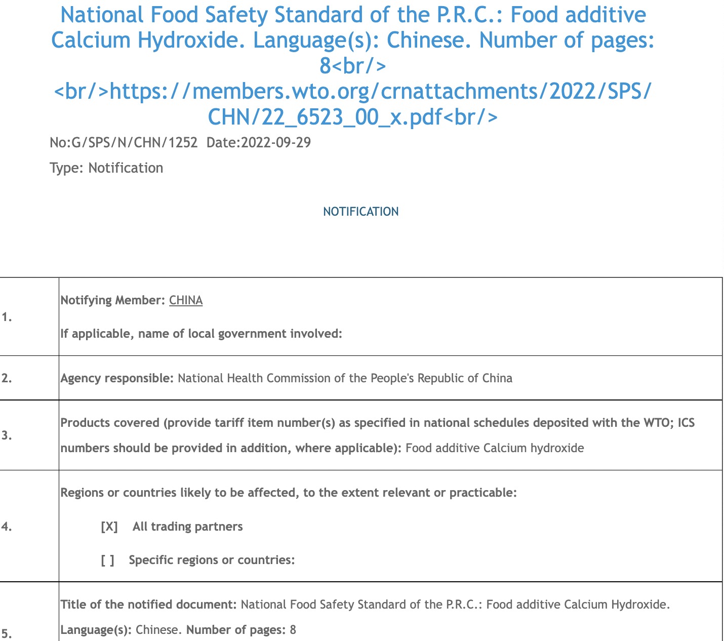 SPS Notification: National Food Safety Standard of the P.R.C.: Food ...