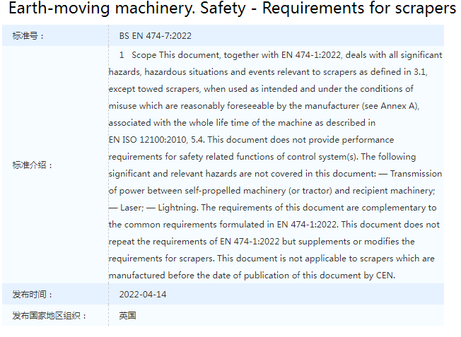 BS EN 474-7:2022: Earth-moving machinery.Safety-Requirements for scrapers.