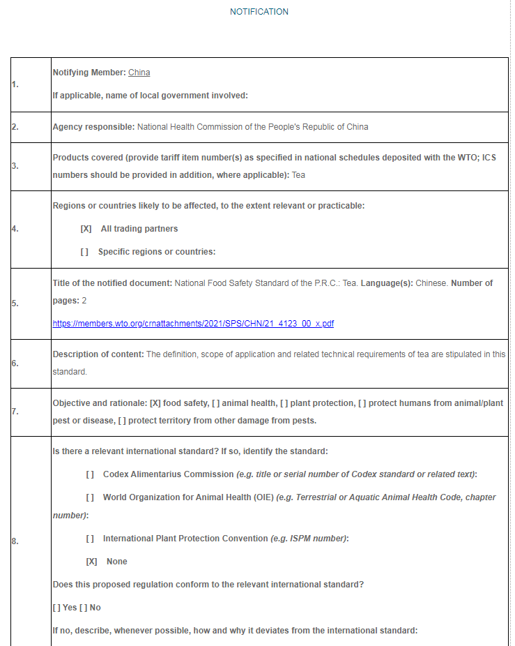 SPS Notification: National Food Safety Standard of the P.R.C.: Tea